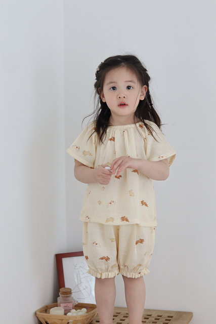 Children's short-sleeved bamboo fiber home clothes set baby thin ...