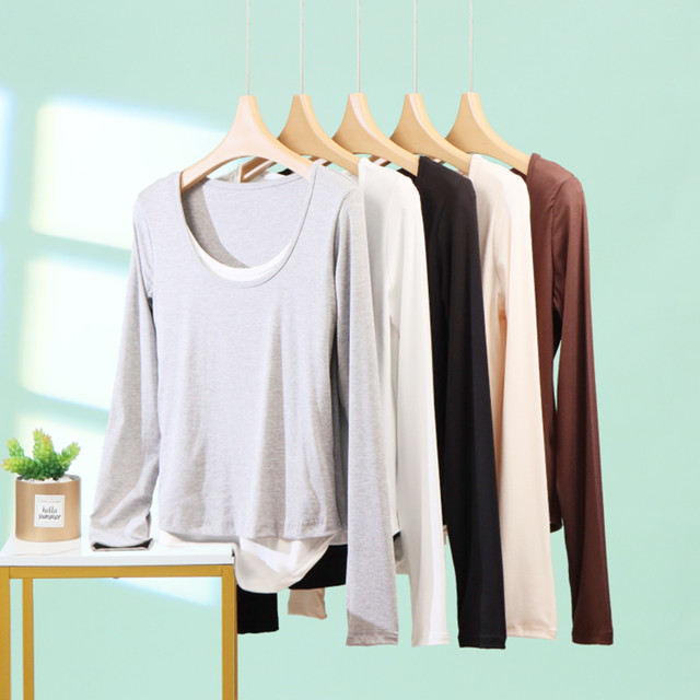 Modal round collar color fake two long -sleeved T -shirts women autumn ...