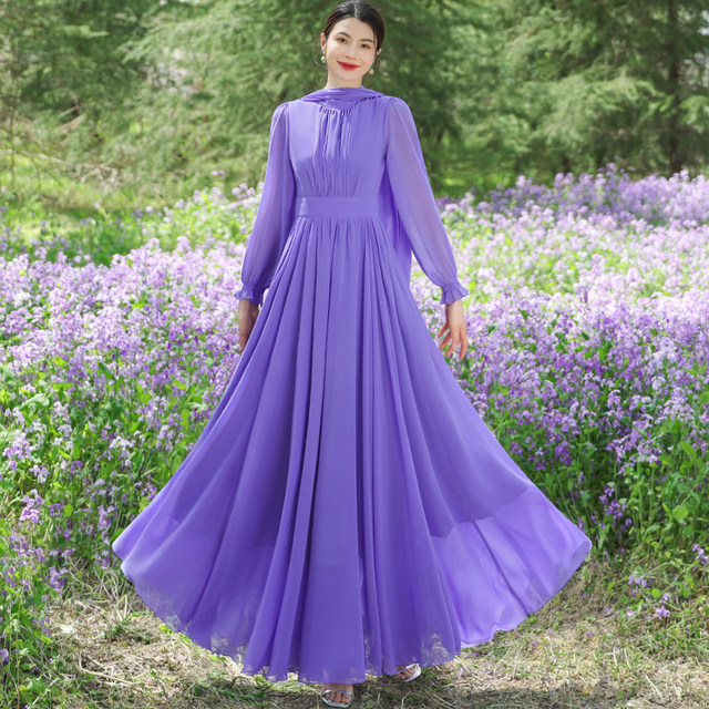 Retro round neck long sleeve violet streamer dress for women on the ...