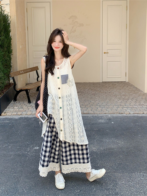 Cold and relaxed lace T-shirt plaid wide-leg pants suit for women's ...