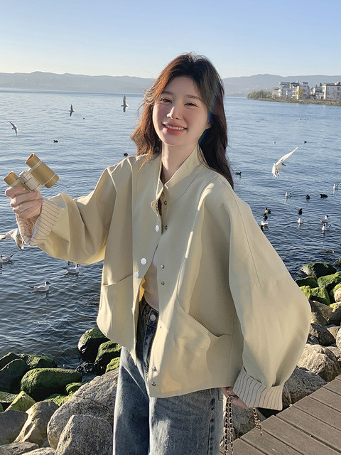 Striped cuffs casual short light yellow jacket for women Spring and ...