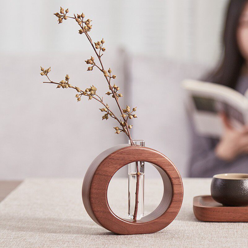 Walnut Countertop Vase - Japanese Style Flower Arrangement
