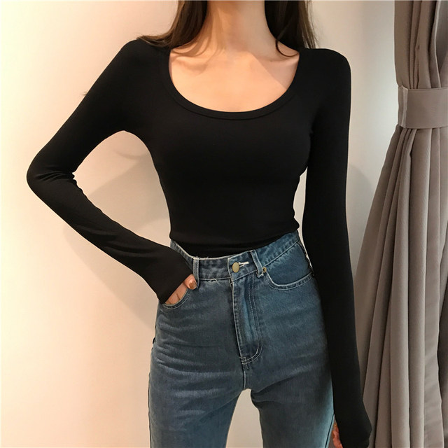 Pure cotton black low -neck bottom shirt female autumn and winter qi ...