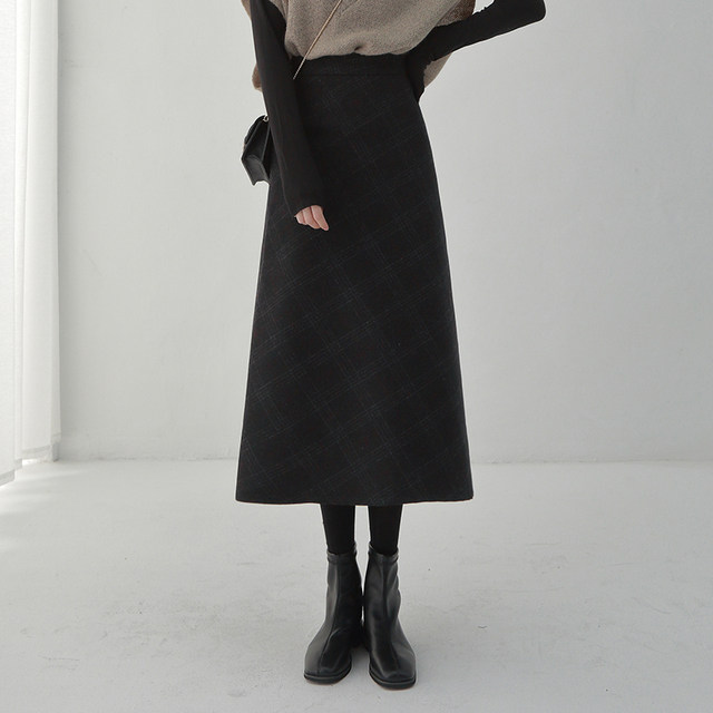 Wool wool skirt women's winter 2024 new high -waisted A -shaped checkered skirt temperament is ...