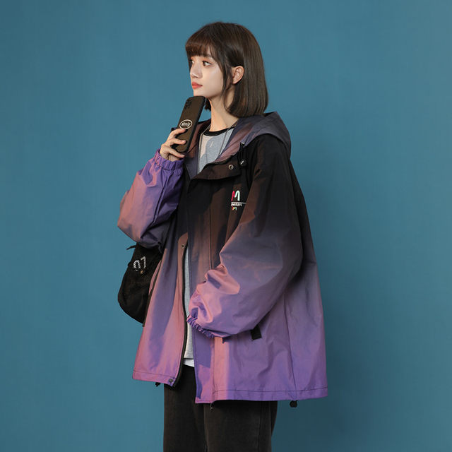Gradient color jacket for women spring fat mm student loose retro ...