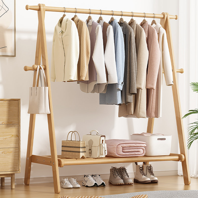 Solid wood coat rack floor-standing bedroom household folding clothes ...