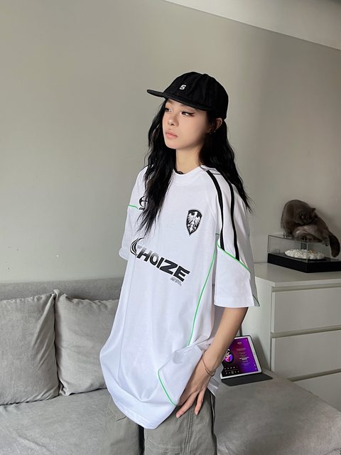 Gugu white American street top-stitched contrasting short-sleeved men's and women's loose round ...