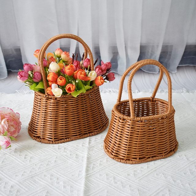 Straw flower basket, handmade wicker, portable fruit storage flower pot ...
