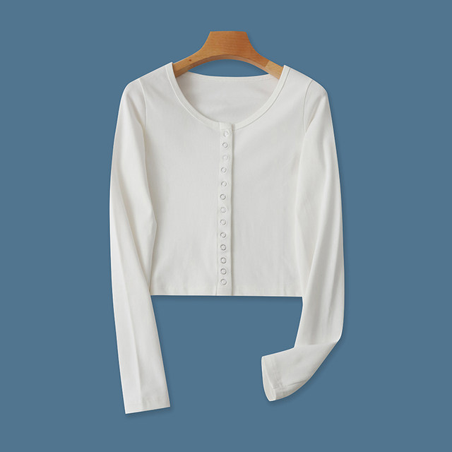 4406 solid color cotton bottom shirt spring and summer new metal buckle ...