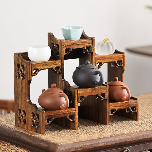 Exotic Chinese small Bogu rack solid wood purple sand pot shelf tea set ...