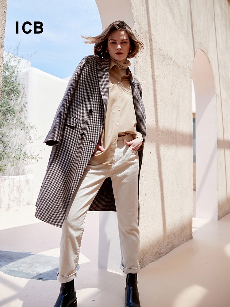 ICB Japanese autumn commuting straight pure wool double-breasted plaid mid-length coat long coat ...