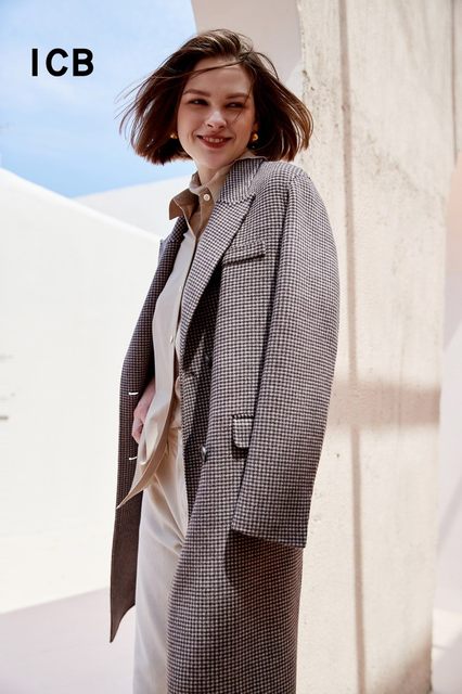 ICB Japanese autumn commuting straight pure wool double-breasted plaid mid-length coat long coat ...