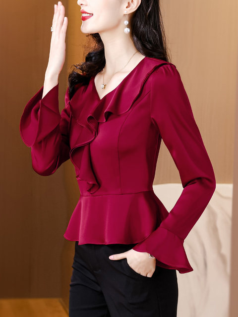 French ruffle long-sleeved chiffon shirt for women in spring new ...