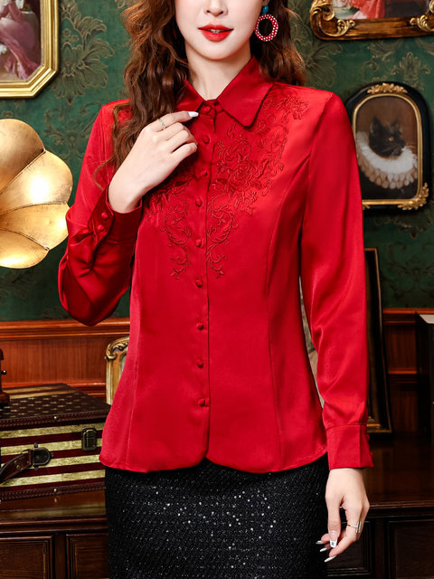 Fashion embroidered red shirt women's outfit spring new style slim ...
