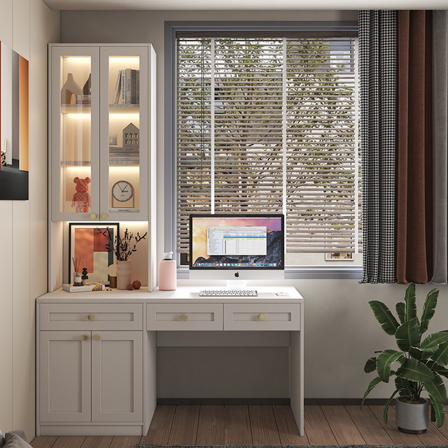 Solid wood bay window desk bookshelf all -in -one computer table small ...