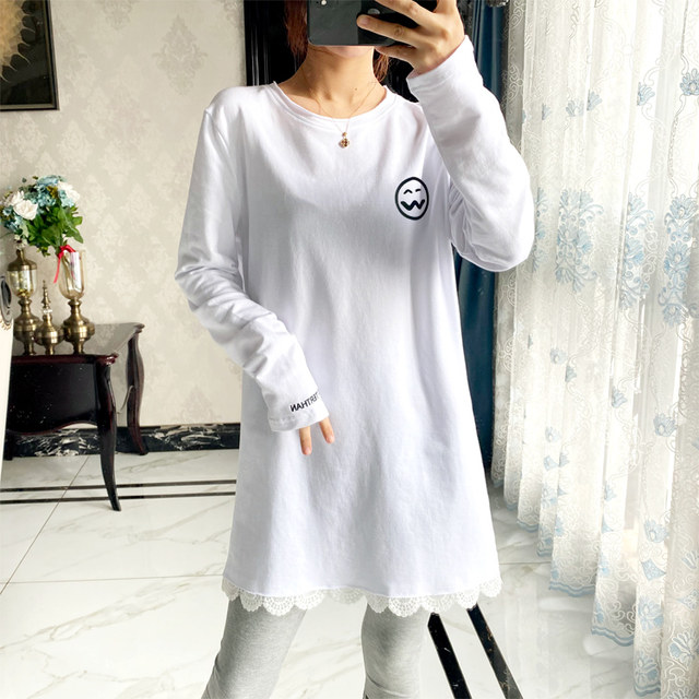 Spring women's round neck curly hem lace lengthened love letters and ...