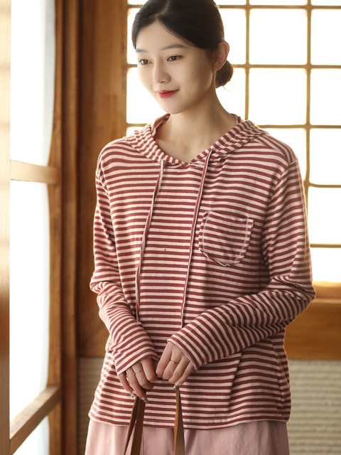 Yuanyuan Meiyi Retro Fried Color Cotton Striped T-shirt Women's Long ...