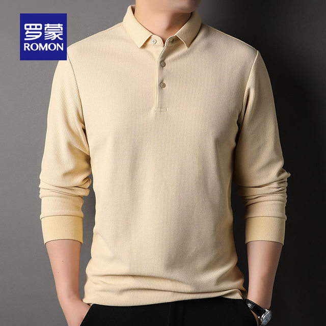 Romon Men's T-shirt 2025 Spring Solid Color Long Sleeve POLO Casual T-shirt