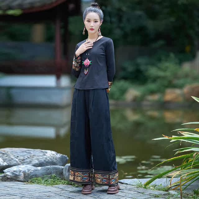 Real shot of ethnic style Miao embroidered thick satin wide-leg pants ...
