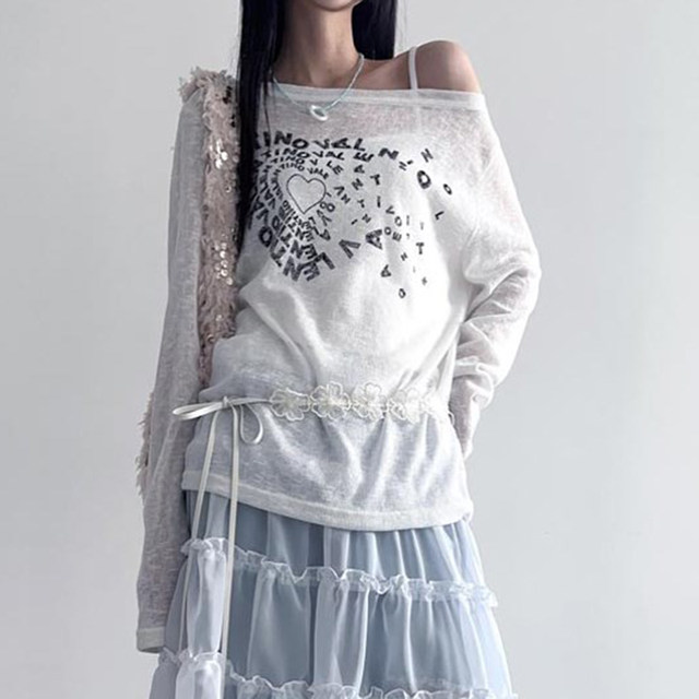 WEEKEEP cool temperament slanted shoulder letter print loose and light ...