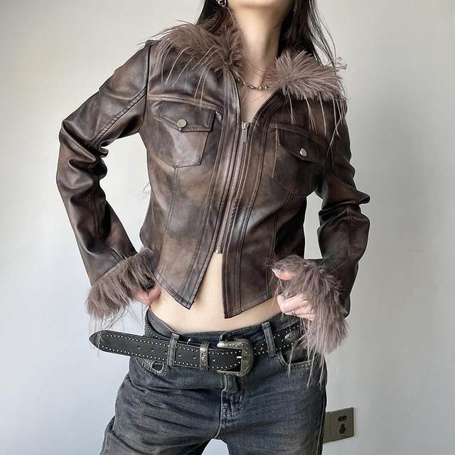 WEEKEEP motorcycle style cool retro brown fur patchwork cardigan jacket ...
