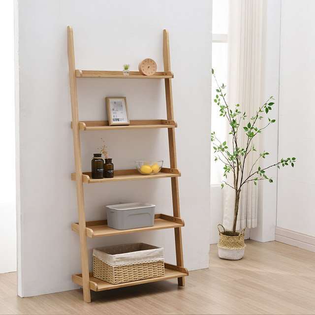 Nordic oak bookshelf ladder storage rack solid wood bookshelf floor ...