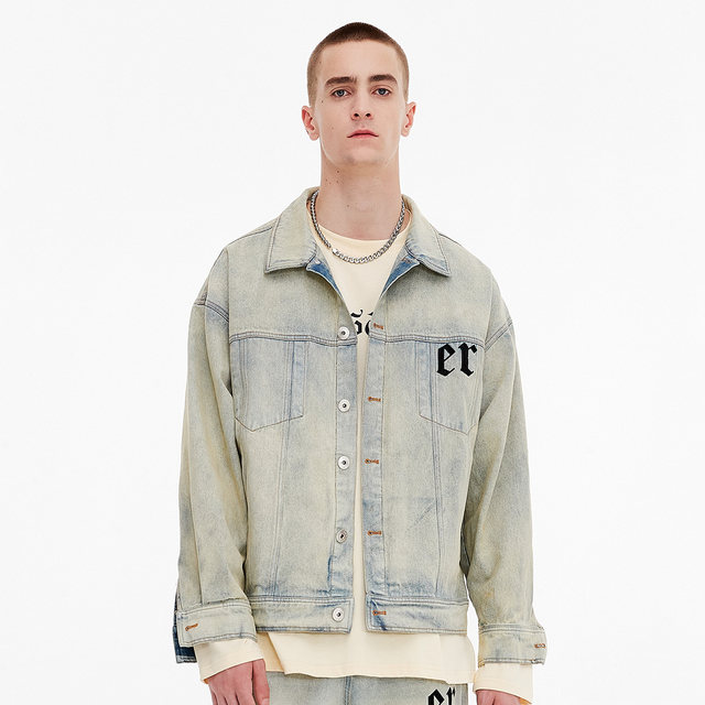 ER cross American retro yellow mud lapel denim jacket men's spring and ...