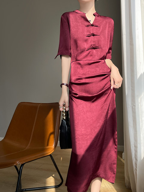 2024 summer new style V-neck satin drape Chinese style cheongsam dress ...