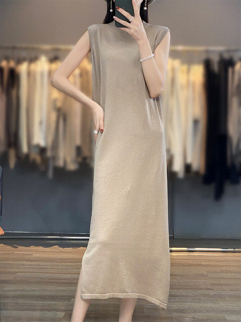 Summer cotton over -the -knee sleeveless knitted dresses in the women's ...