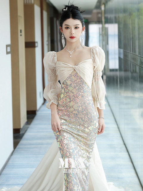 Gao Ding Evening Dress Women's Banquet High -end long -sleeved light ...