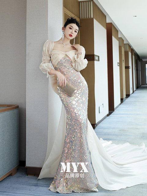 Gao Ding Evening Dress Women's Banquet High -end long -sleeved light ...