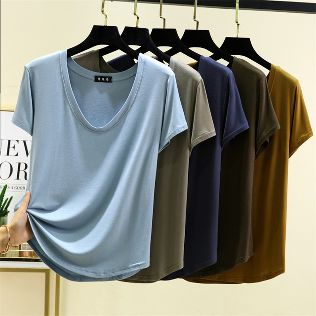 Summer big U-neck short-sleeved women's thin T-shirt thin inner loose ...