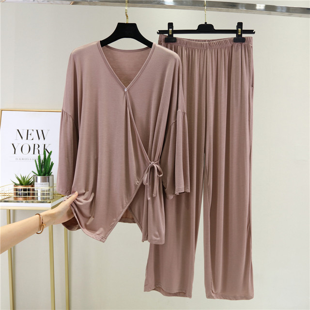 Modal pajamas two-piece suit for women summer thin lace-up three ...