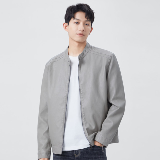 KM men's stand collar leather jacket men's jacket spring and autumn ...