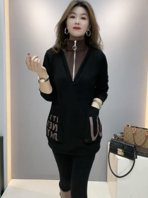 New autumn and winter casual style fake two-piece zipper design long ...