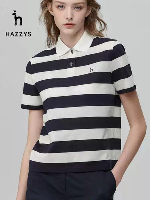 Hazzys Hargis casual wide stripes POLO shirt ladies summer new short -sleeved T -shirt fashion ...