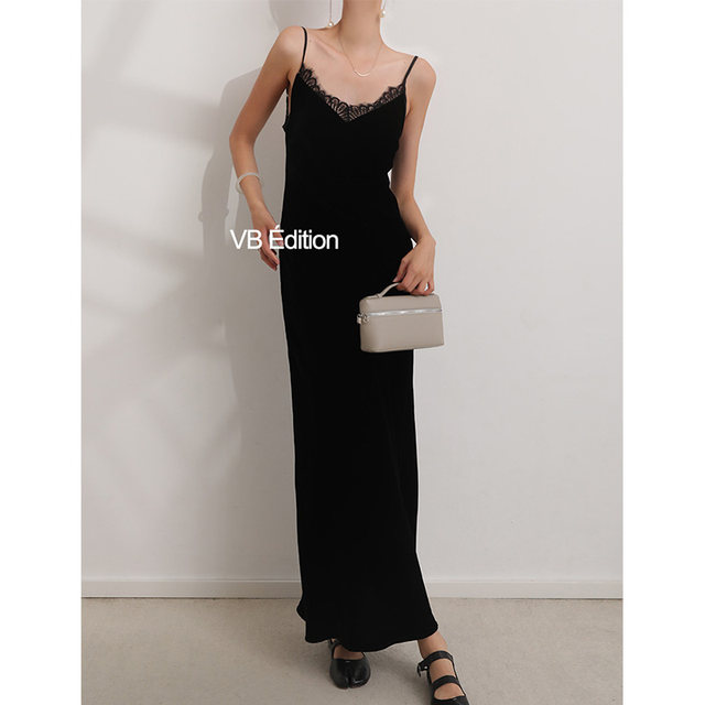VB French autumn and winter velvet obliquely stitching lace silk dress ...