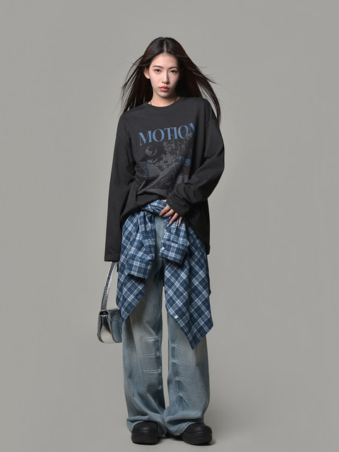 SIXI Sixi's autumn retro old-fashioned dark gray letter print long ...