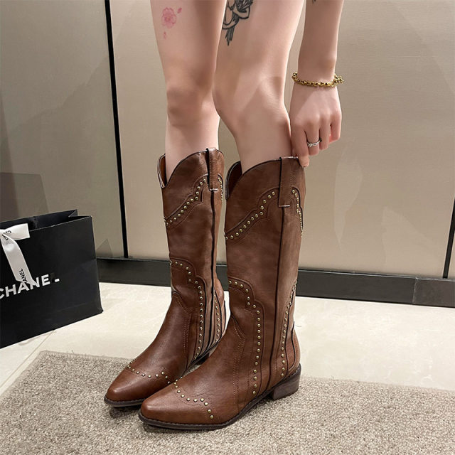 Brown cowboy boots Western rivet knight boots Chelsea Martin boots long ...
