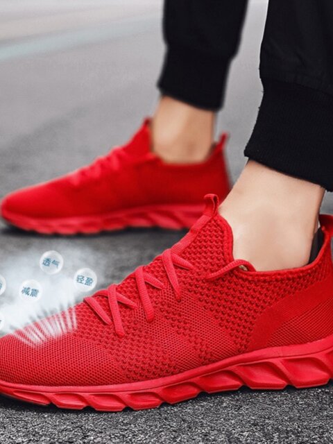 Large size men's shoes new spring and summer breathable red sneakers ...