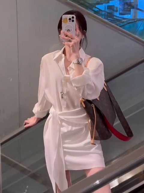 Niche style white shirt dress 2025 summer new casual slim lace-up skirt ...
