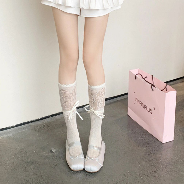 White ballet style lace bow mid-calf socks summer thin half-tube lace ...