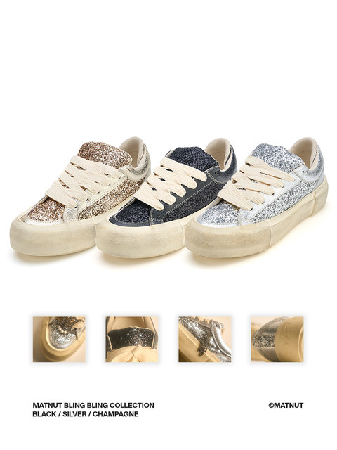 MATNUT flash diamond sequins black gold and silver old dirty shoes ...