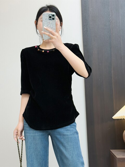 Huiyi Pavilion Spring Women's Five-Pin Sleeve T-Shirt Beaded Chinese ...