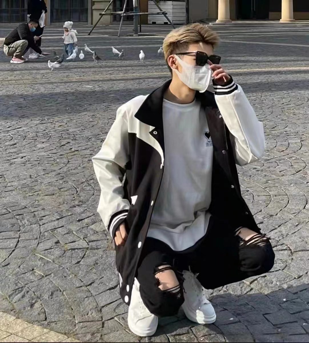 Autumn new net red ruffian handsome trend light luxury splicing ...