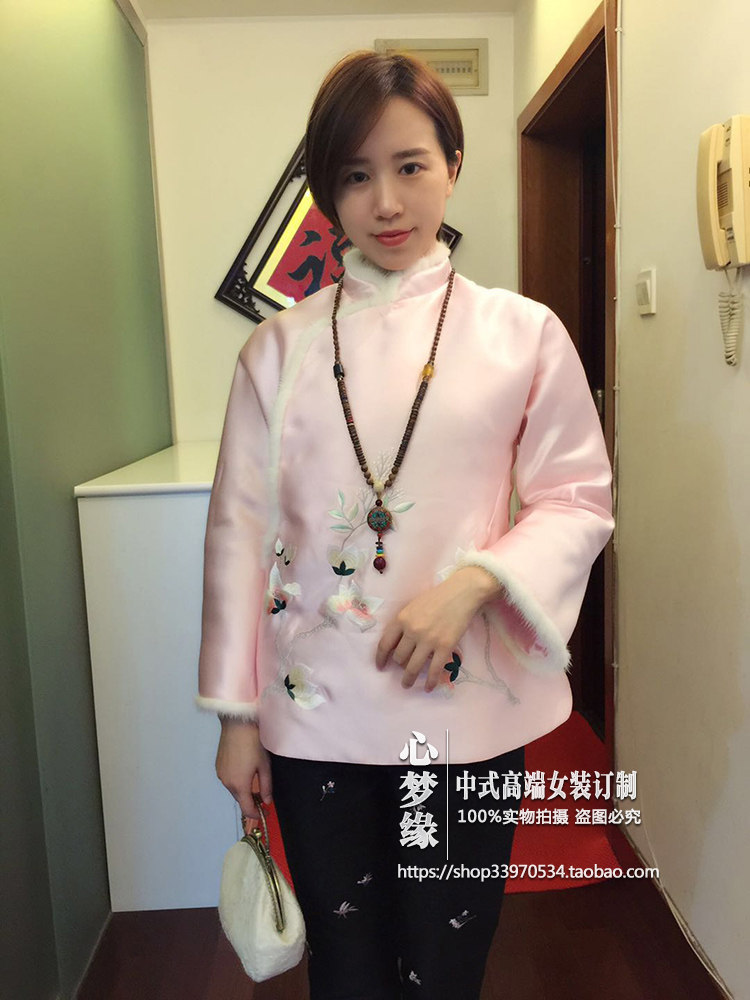 Chinese retro embroidered mink fur slanted lapel quilted loose ...