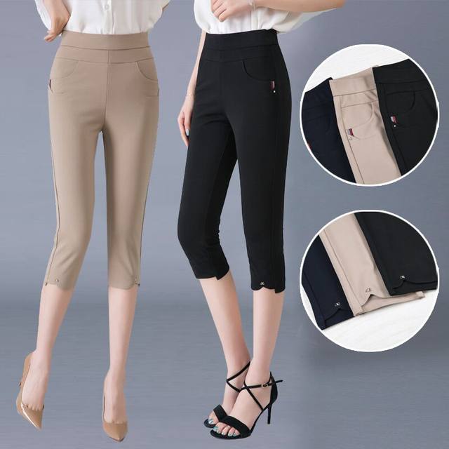 Women's Cropped Pants Summer Thin Elastic Waist Leggings Outwear ...