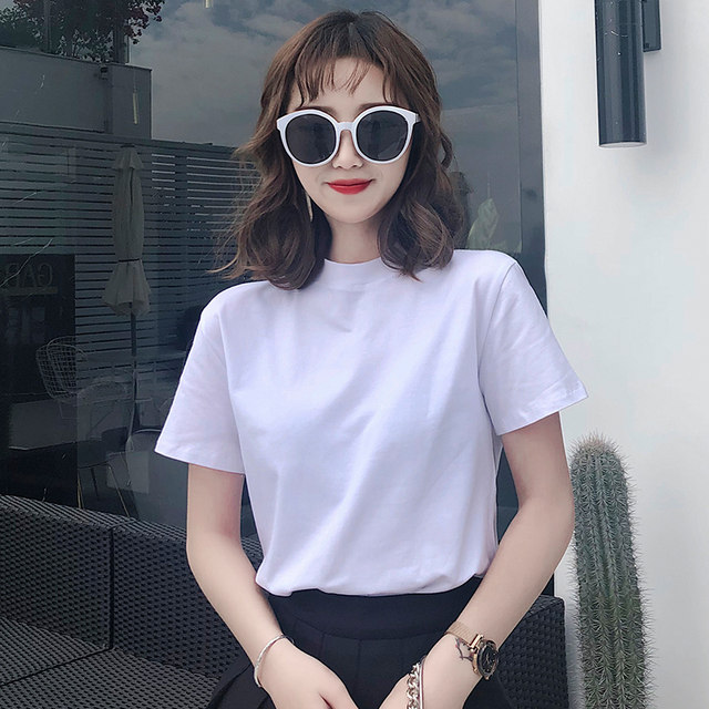 White half -neck short -sleeved T -shirt female summer 2025 new cotton half -sleeved loose ...