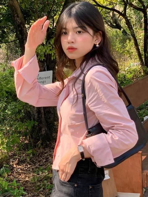 Gentle and sweet peach pink shirt for women, chic short style, high-end ...