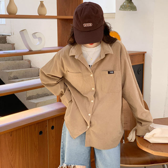Bestow Retro Khaki Shirt Jacket Women's Lazy Style Loose Long Sleeve ...
